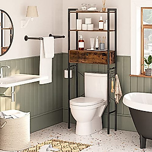 HOOBRO Over The Toilet Storage, 3 Tier Bathroom Organizer Shelf with Drawers, Freestanding Bathroom Space Saver with Toilet Paper Holder and Hook, Saving Space, Rustic Brown BF45TS01