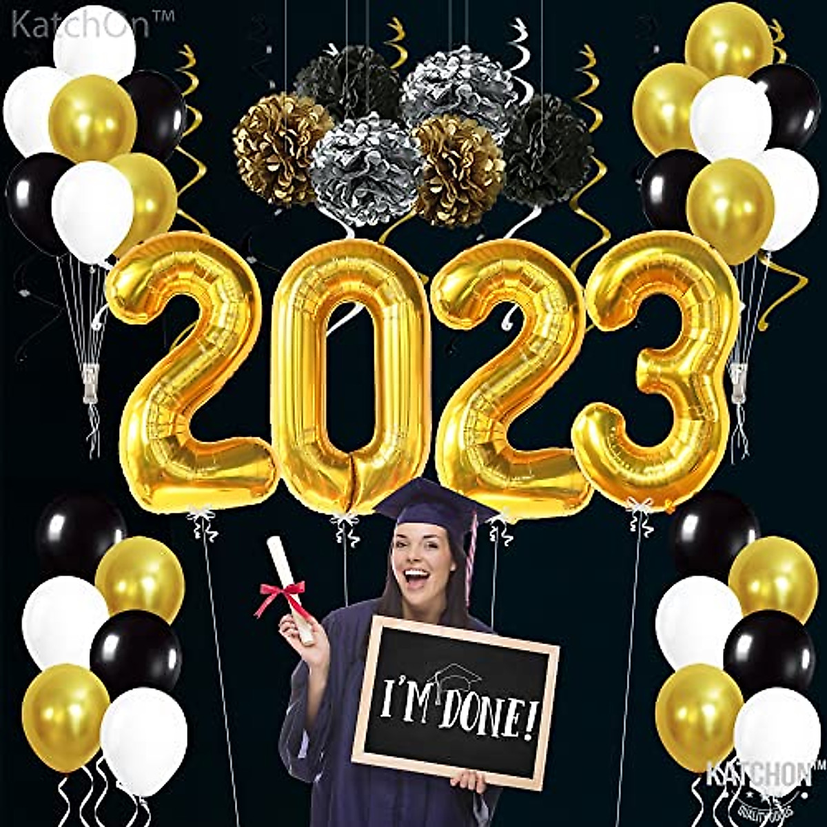 KatchOn, Graduation Balloons 2023 Set - Big 40 Inch, Pack of 43 | Gold 2023 Balloons Graduation, Pompoms and Hanging Swirls | Black and Gold Graduation Party Decorations 2023, Prom Decorations 2023