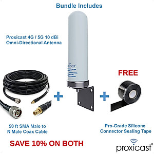 Proxicast 10 dBi 4G/5G/WiFI Omni Antenna + 50 ft Pro-Grade Coax Cable + Free Tape Bundle (ANT-126-002-BDL-50)