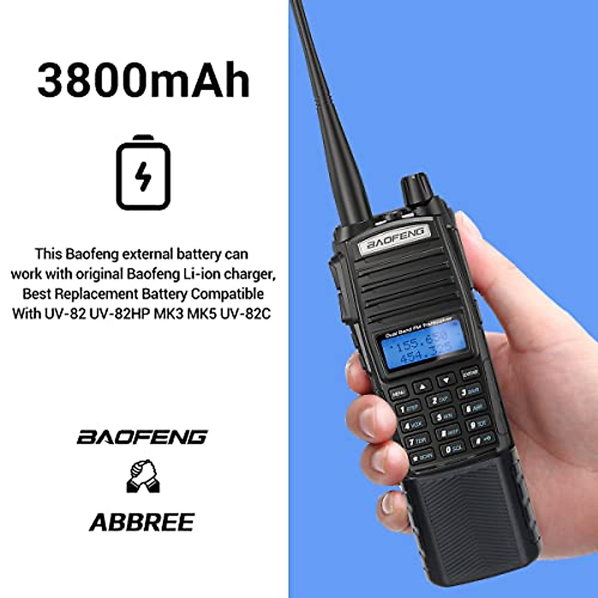 BAOFENG UV-82 Battery BL-8 3800mAh Li-ion High Capacity Extended Battery with Car Charger Cable UV-82HP UV-82C MIRKIT UV-82 MK3/5 etc Two Way Radio