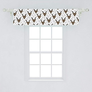 Ambesonne Landscape Window Valance, Winter Woods Theme Pattern of Deer Heads with Antlers and Fir Trees, Curtain Valance for Kitchen Bedroom Decor with Rod Pocket, 54" X 12", White Sepia