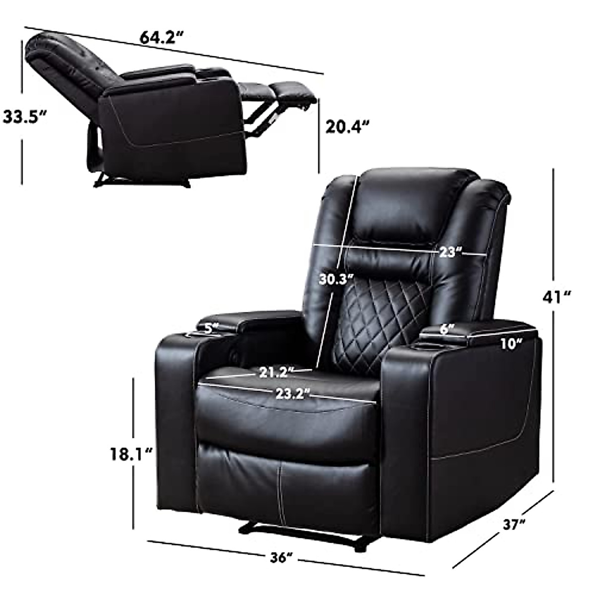 CANMOV Electric Recliner Chairs Set of 2, Power Recliner Chairs with USB Ports and Cup Holders, Breathable Leather Home Theater Seating with Hidden Arm Storage, Black