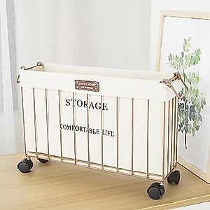 Slim Storage Basket with Double Handle, Movable Universal Wheels, Canvas Laundry Basket, Large Dirty Clothes Hamper Sorter for Bathroom, Living Room (Color : Bronze)