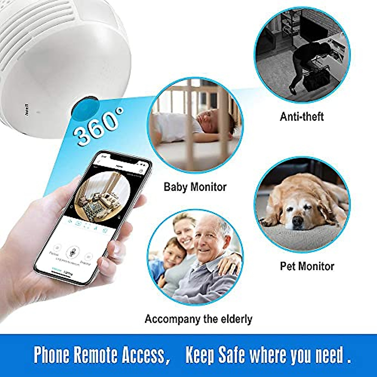 Light Bulb Camera, 360 Panoramic Camera, Full HD 1080P Home Camera, 2.4GHz WiFi Camera with 32G SD Card, Dome Surveillance Cameras, Home Baby、Pet Monitor