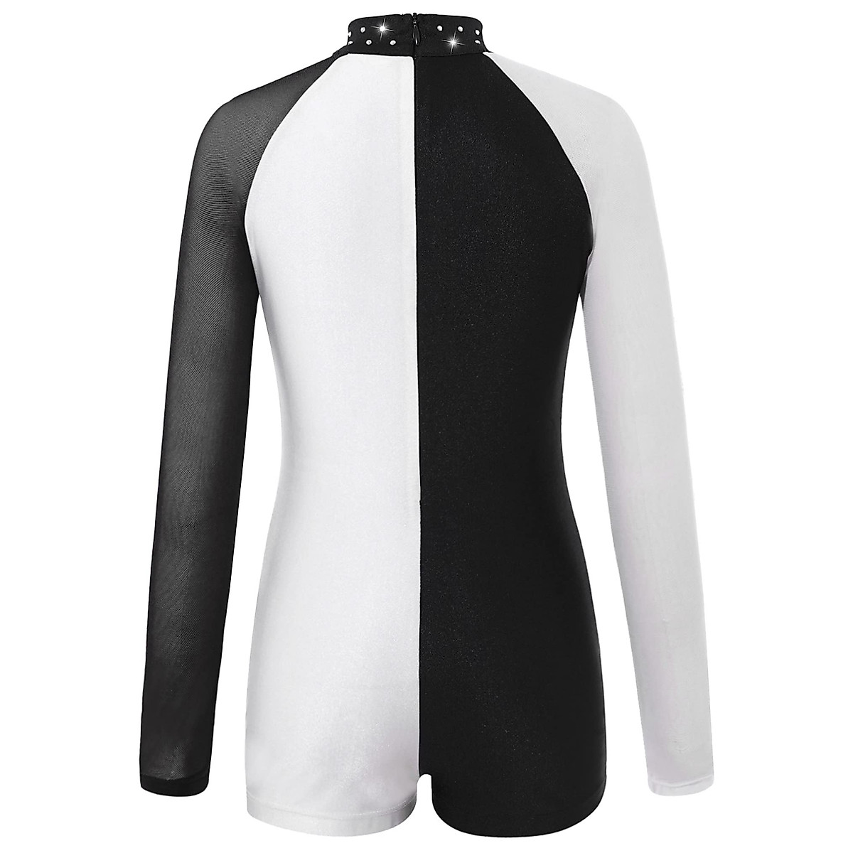 FEESHOW Leotards for Girls Gymnastics Children Long Sleeve Zipper Back Biketard Unitard Jumpsuit with Shorts Black&White 14 Years