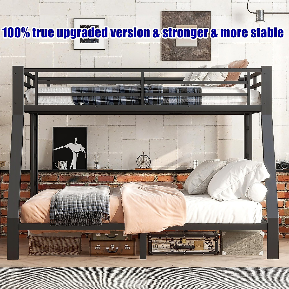 TIHWOALL Latest Upgrade & Stronger Metal Steel Bunk Bed Full XL Over King Size Bunkbed, Thickened More Stable Heavy Duty More Rust-Proof King Bunk Bed Frame (Easier Assembly) (Full XL Over King)