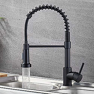 Ravinte Solid Brass Commercial Kitchen Faucet with Sprayer Single Handle Spring Spout Faucets Pull Down Sprayer Kitchen Matte Black Sink Faucet Farmhouse Kitchen Faucets