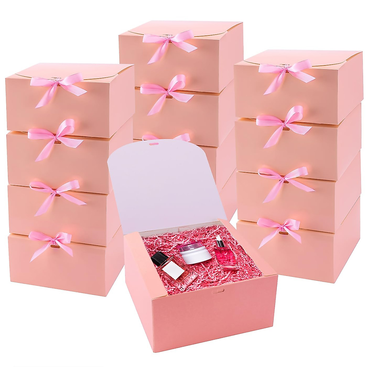 WLUSEAXI 12pack Gift Boxes with Lids,Pink Gift Boxes Bulk with Bow Ribbon,Bridesmaid Proposal Box for Presents Kraft Paper Gift Boxes for Wedding,Christmas,Halloween,Baby Shower