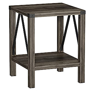 Treocho Farmhouse End Side Table, Rustic Vintage Nightstand with Shelf for Living Room, Bedroom, Grey Wash