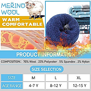 Anlisim Kids Merino Wool Ski Socks for Girls Boys Teen Thermal Winter Warm Thick Hiking Knee High Socks Stocking Stuffers for Skiing Snowboarding (Grey / Dark Blue / Green C, 12-15 Y)
