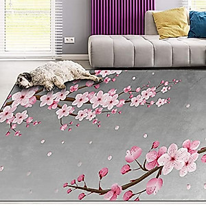 Oueoty Japanese Cherry Blossom Flower on Gray Area Rug Rugs for Living Room Bedroom 5x7ft