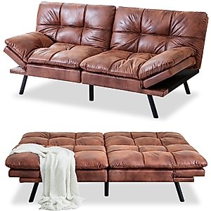 MUUEGM Futon Sofa Bed Memory Foam Futon Couch Bed Sofa Sleeper,Modern Convertible Faux Leather Futon for Living Room,Small Love seat for Apartment Office,w/Adjustable Armrests Backrest,Brown