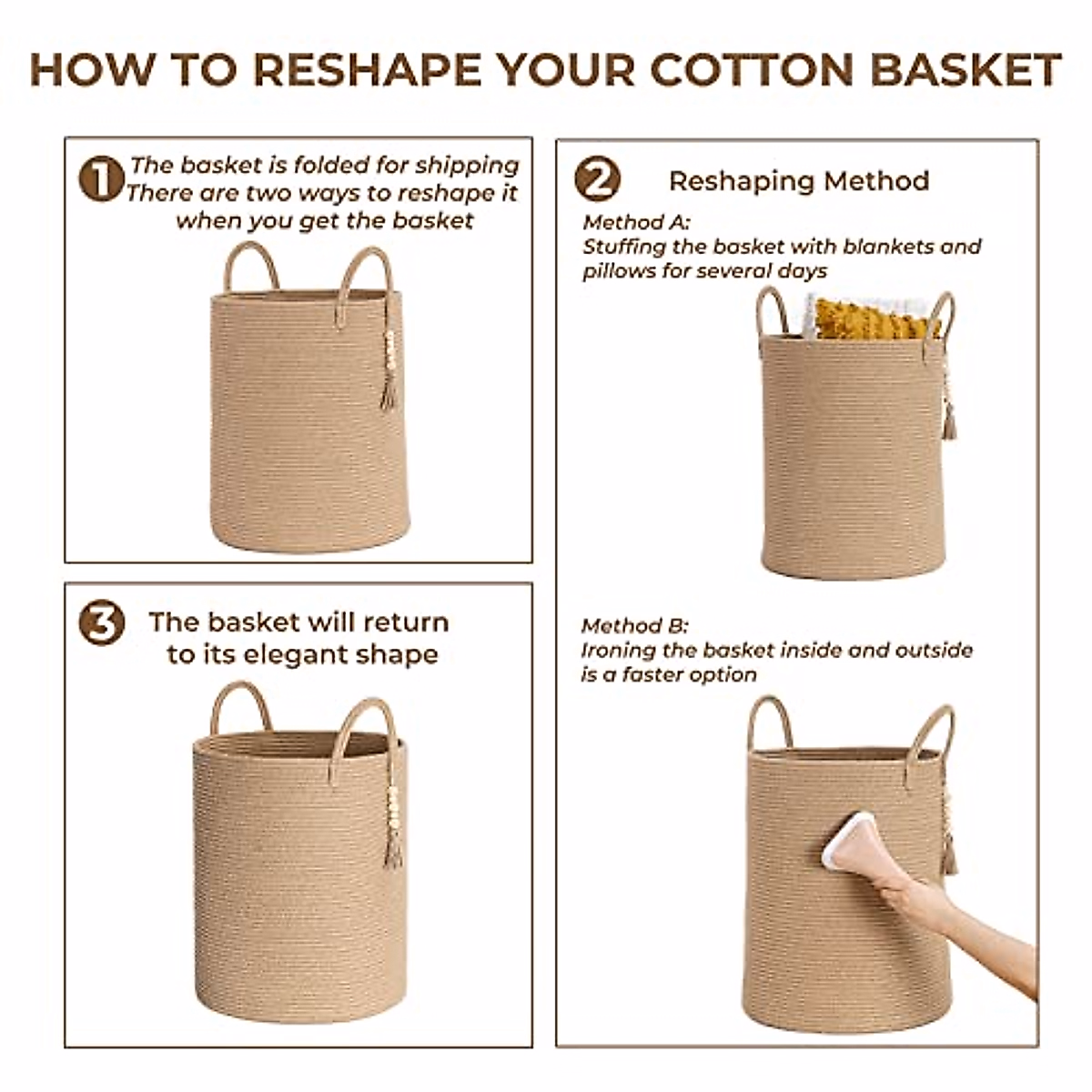 Goodpick Tall Wicker Laundry Basket with Handles, Boho Decorative Storage Basket for Living Room, Bedroom, Entryway, Bathroom, Large Woven Blanket Basket for Pillows, Towels, Shoes, Jute, 16" x 20"