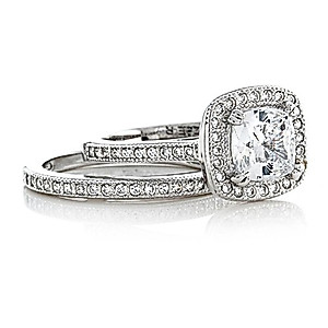 Zoe R Sterling Silver Micro Pave Hand Set Cubic Zirconia Halo 6mm Cushion-Cut Center Wedding Set Size 9.5