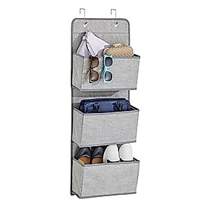 mDesign Fabric Hanging Organizers for Over the Door Storage In Bedroom/Hallway Closets, 3 Pocket Organizer Caddy, Hooks for Linens, Clothing, Accessories, Lido Collection, Textured Print, 2 Pack, Gray
