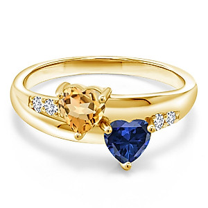 Gem Stone King 18K Yellow Gold Plated Silver Customized and Personalized 2-Stone Heart Shape Gemstone Birthstone with Custom Lazer Engraving and Lab Grown Diamond Ring For Women (Size 8)