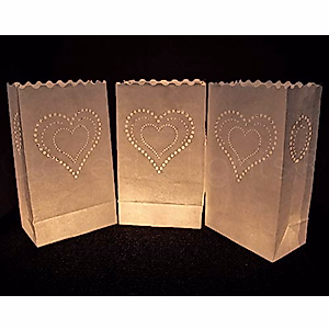 CleverDelights White Luminary Bags - 50 Count - Heart of Hearts Design - Wedding Party Christmas Holiday Luminaria