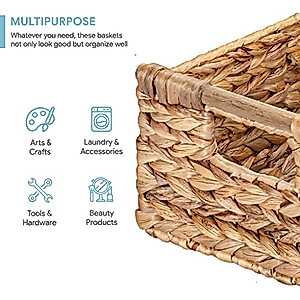 Natural Water hyacinth storage basket with Handle, Rectangular Wicker Basket for Organizing, Decorative Wicker Storage Basket for Living Room, Medium Wicker Basket 13.6 x 9.5 x 5.6 inches