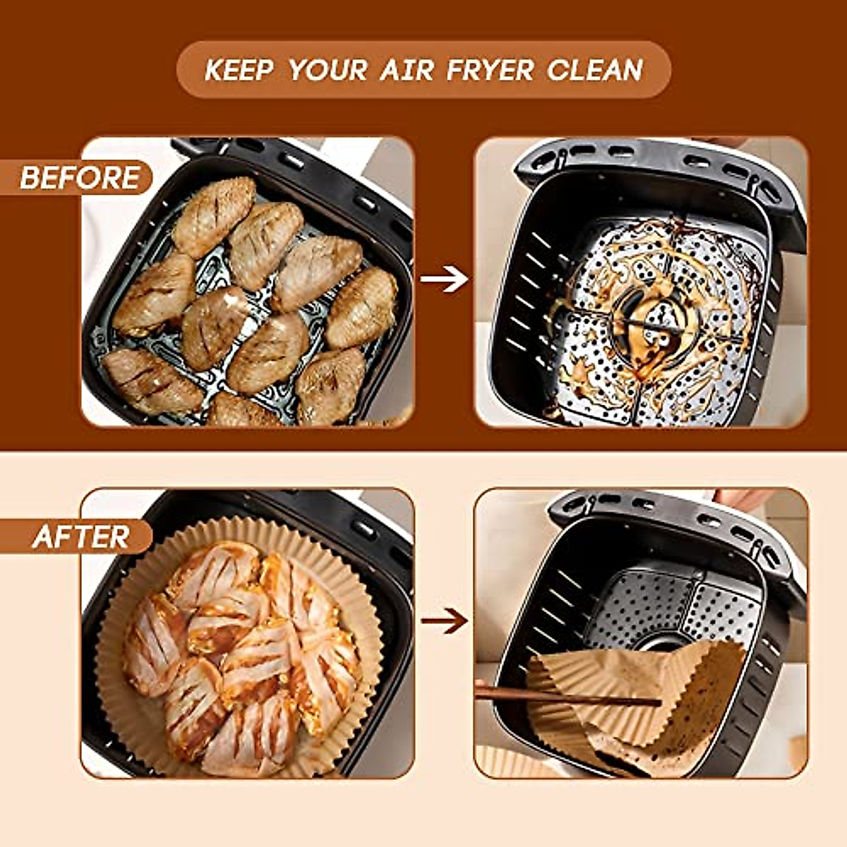 Air Fryer Disposable Paper Liner, 100PCS Non-stick Disposable Liners, Baking Paper for Air Fryer Oil-proof, Water-proof, Food Grade Parchment for Baking Roasting Microwave (100Pcs-6.3 inch)