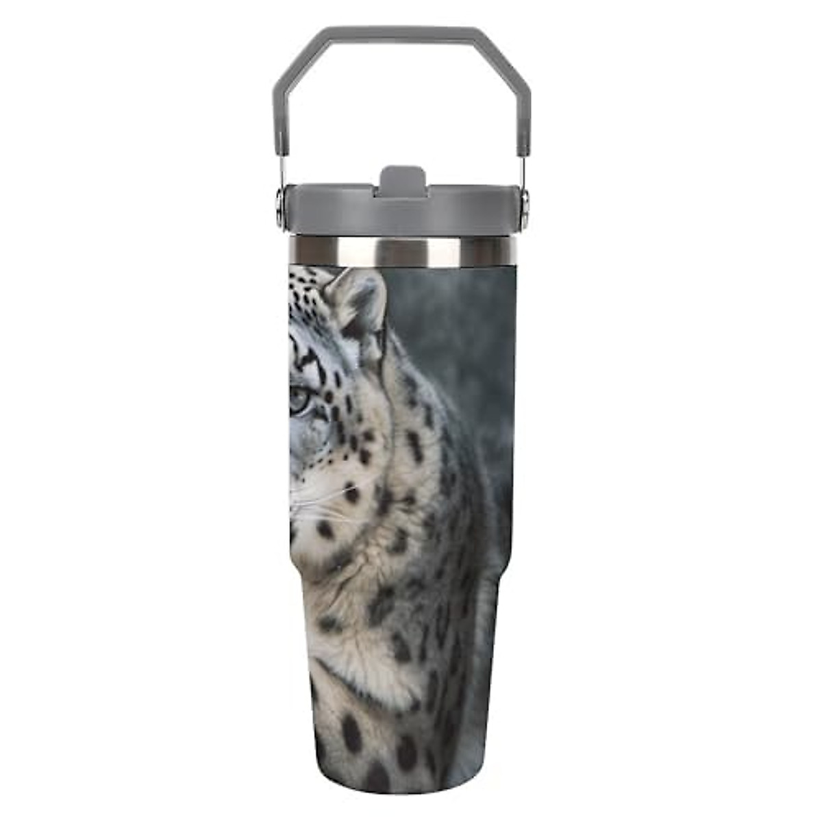 BWQJKUO Large Capacity Car Cup 30 Oz Stainless Steel Snow Leopard Printed Travel Mug Leak-proof Flip Straw Tumbler with Handle,keeps Cold Or Ho