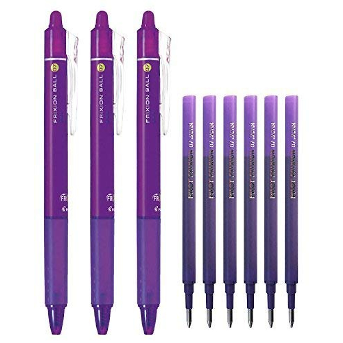 Pilot FriXion Ball Knock Retractable Erasable Gel Ink Pens, Extra Fine Point 0.7mm, Violet Ink, 3 Pens & 6 Refills Value Set