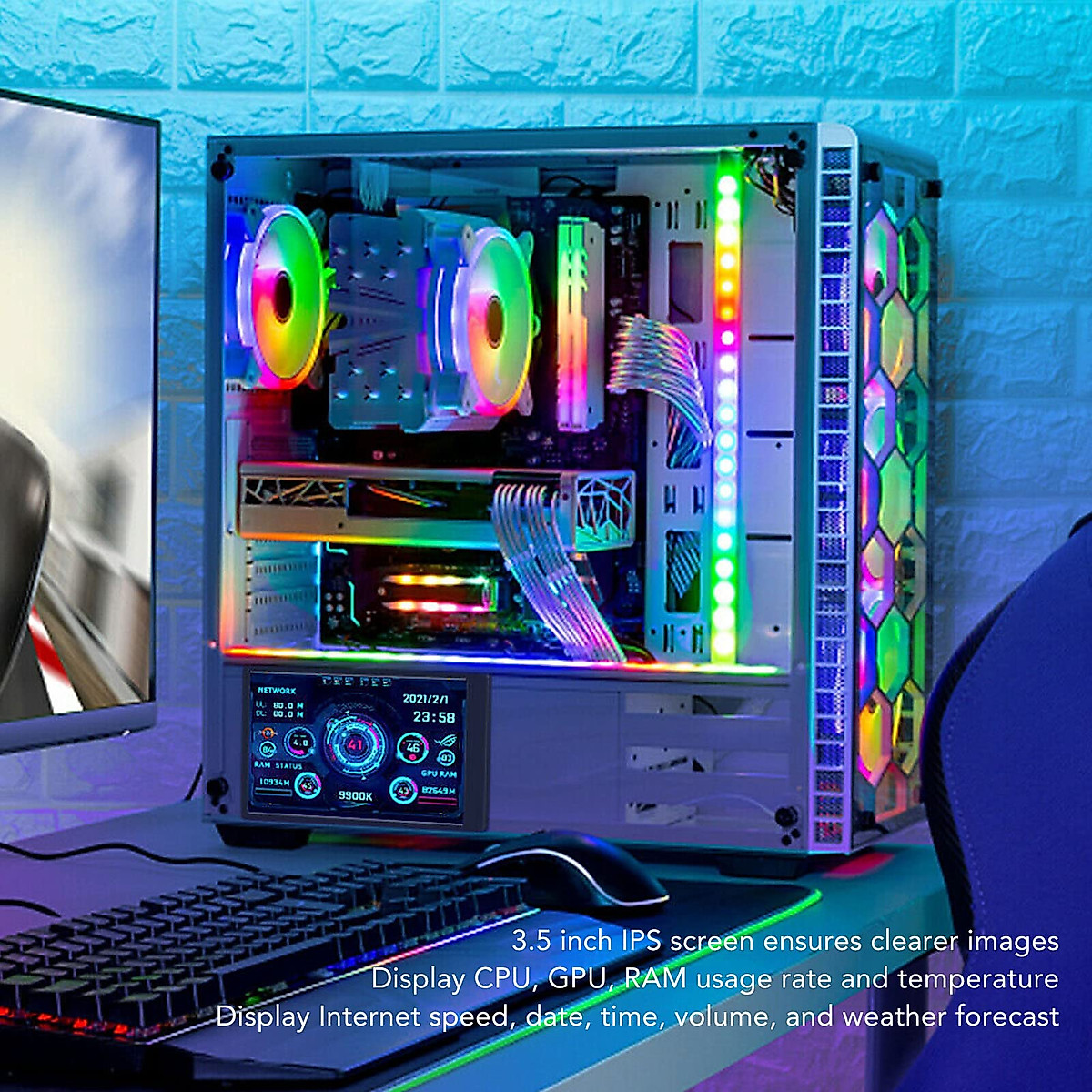 3.5 Inch PC Sensor Panel Display,Computer Temp Monitor, Mini Screen Temperature Display PC CPU Data Monitor for PC CPU RAM Data, 360 Degree Rotation Sub Screen for Computer Case, Computer Temp Mo