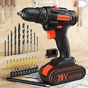 Cordless Drill 20V, Drill Set with 42pcs Accessories and Battery 2.0Ah, Electric Drill 25+1 Torque Setting, 2 Speed, 3/8" Keyless Chuck, LED Light, Electric Power Drill for Home DIY and Garden Repair