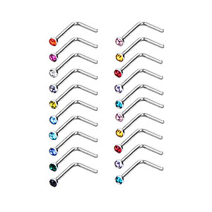 20 Pieces L Shaped Nose Studs 20 Gauge Stainless Steel Nose Piercing Studs L Bend Shape Ring for Body Jewelry, Assorted Colors