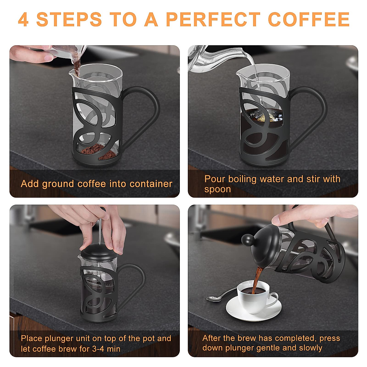 WORBIC French Press Coffee Maker, 3 Level Filtration System, Coffee Press with Heat Resistant Borosilicate Glass, 12oz Coffee French Press with Coffee Scoop w/Clip & 2 Extra Filters (Black)