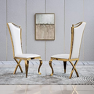 Goderfuu Dining Chairs Set of 6 - Kitchen Dining Room Chairs White Leather Dining Chairs with High Gloss Stainless Steel Gold Legs, Modern Dining Chairs Kitchen Chairs White Accent Chairs Side Chairs