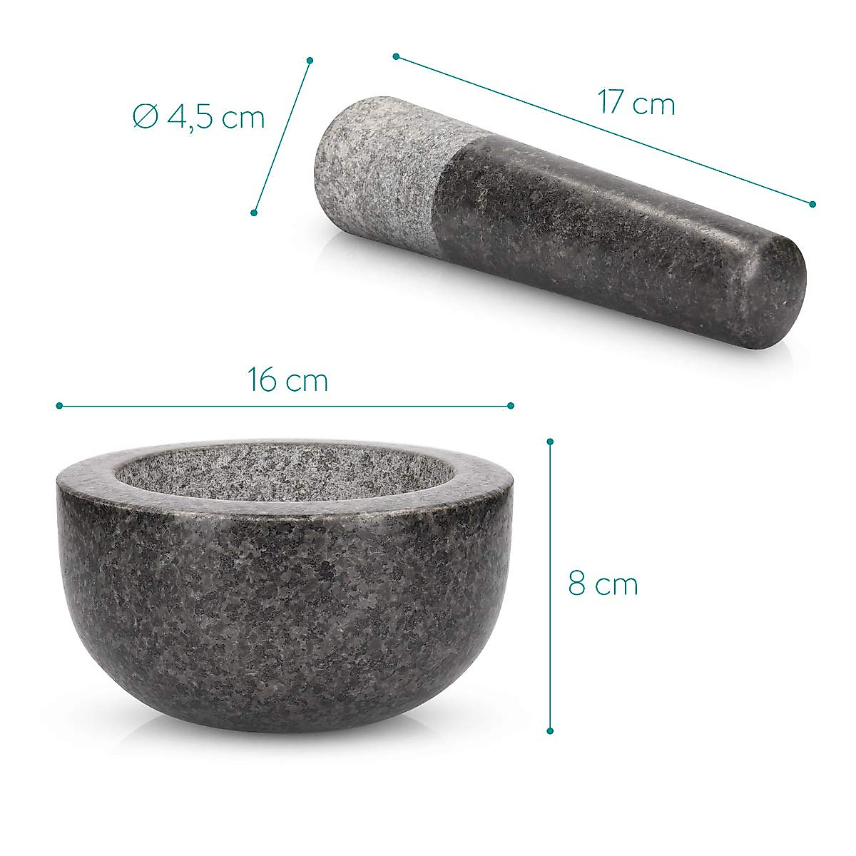 Navaris Mortar and Pestle Set - Large Natural Stone Granite Pestle and Mortar Bowl for Grinding Spice, Garlic, Nuts, Herbs, Pesto - 16cm Diameter