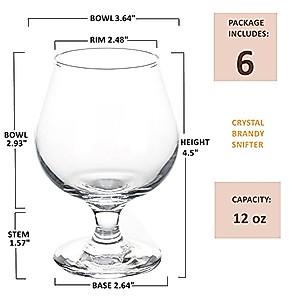 ZOOFOX 6 Pack 12 oz Snifter Whiskey Glasses, Brandy Glasses for Spirits, Clear Cognac Stemmed Glasses, Short Beer Tasting Glasses Drinking Cups, Great for Spirits Drinks