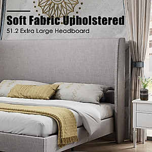 PaPaJet Queen Platform Bed Frame 51.2" High Headboard Linen Tall Upholstered Bed/No Box Spring Required/Wood Slat Support/Easy Assembly Light Grey