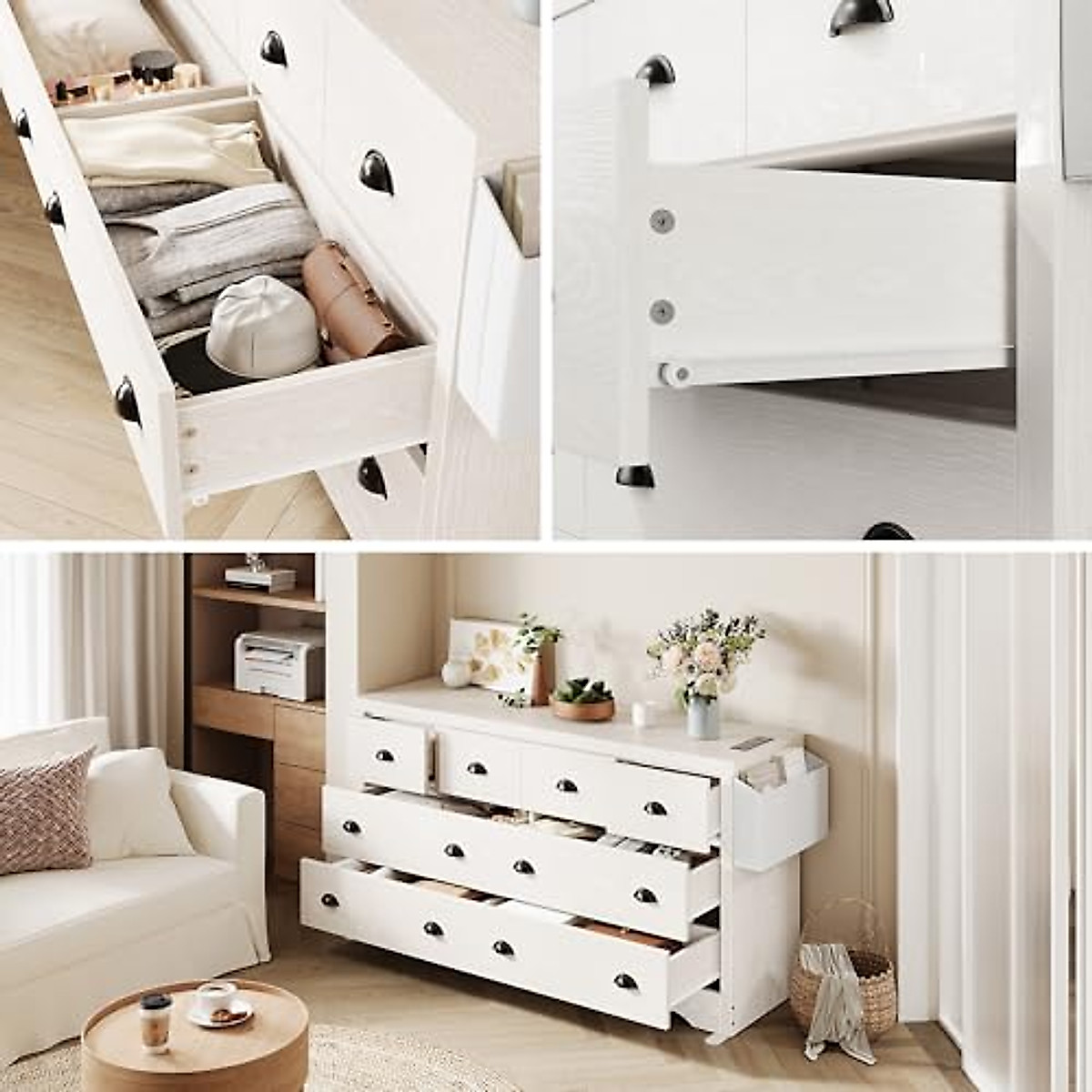 LIKIMIO Dresser 8 Drawer, Modern Wood Bedroom Dresser with with Charging Station and Storage Bag, Storage Chest of Drawers for Living Room Hallway Entryway, White