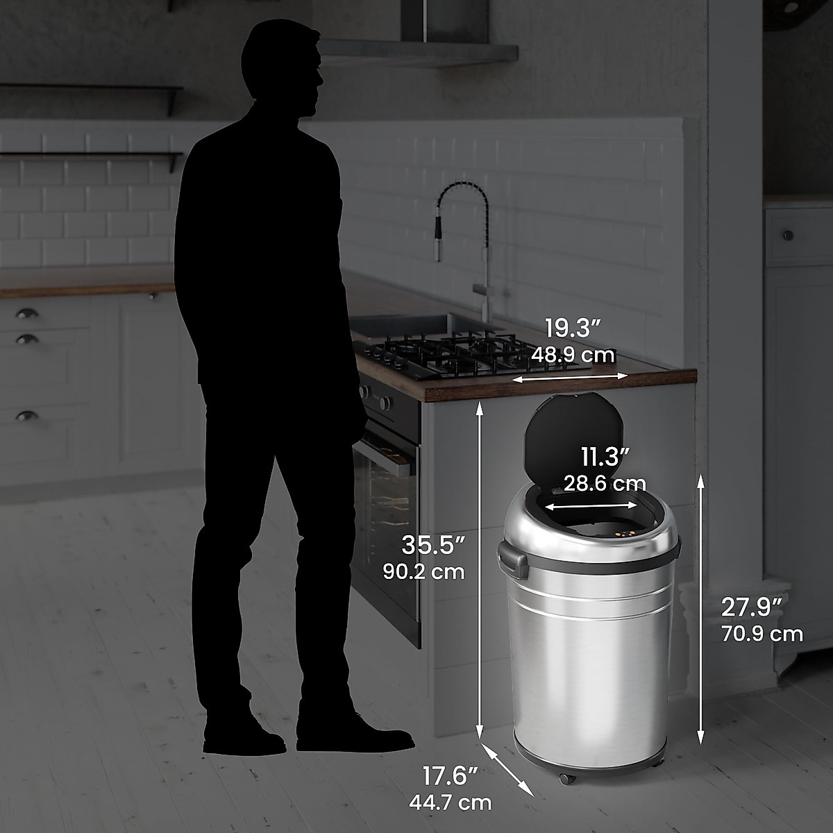 iTouchless Glide 18 Gallon Sensor Trash Can with Wheels and AbsorbX Odor Control System, Stainless Steel, 68 Liter Automatic Kitchen or Office Garbage Bin