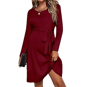 Ekouaer Womens Maternity Dress Rib Knit Long Sleeve Pregnancy Dresses Crewneck Pregnant Clothes with Belt Wine Red XL