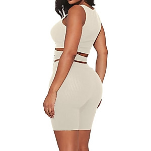 Kafiloe Workout Set for Women Seamless 2 Piece Gym Yoga Set Sleeveless Tank Crop Top High Waist Ribbed Biker Shorts Set Beige XL