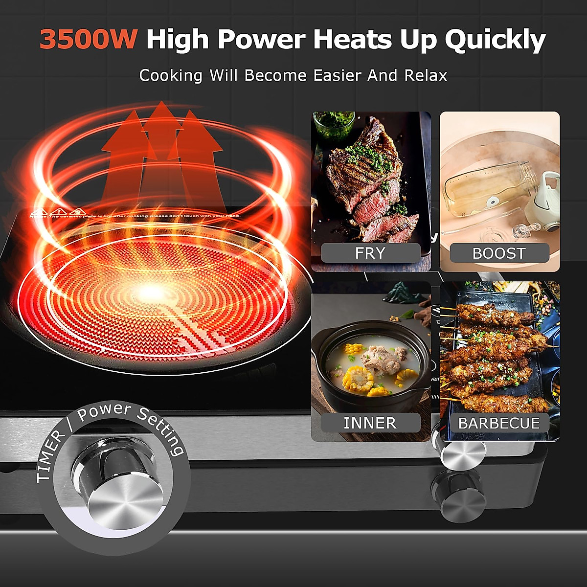 Portable Infrared Burner 3500W Electric Burner with 3 Hours Timer-Electric Hot Plate Touch Control Panel Adjustable Heating Power Glass Plate Electric Cooktop for Cooking