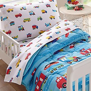 Wildkin Kids 4 Pc Toddler Bed In A Bag for Boys and Girls, Microfiber Bedding Set Includes Comforter, Flat Sheet, Fitted Sheet, and One Pillow Case (Trains, Planes and Trucks)