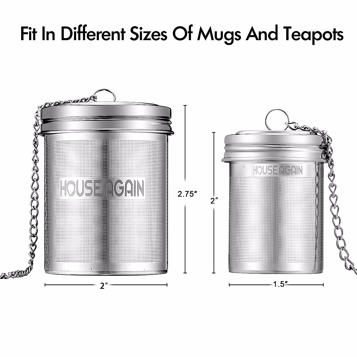House Again Tea Infuser (2+1 Pack with scoop), Extra Fine Mesh Tea Infuser Set, 18/8 Stainless Steel Tea Strainer with Extended Chain Hook, Tea Steeper for Brew Tea, Spices & Seasonings
