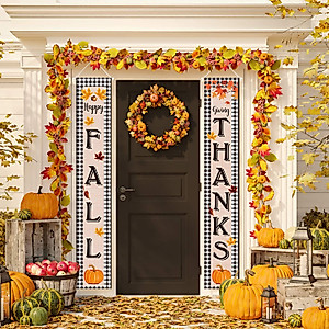 Happy Fall Giving Thanks Fall Banner Fall Thanksgiving Porch Sign Autumn Vintage Harvest Welcome Hanging Banner with Pumpkin Maple Leaves Patterns for Indoor Outdoor Party Decorations (Black)