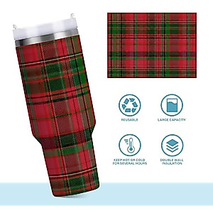 40 Oz Red Green Grid Tumbler Cups with Handle and Straw, Insulated Vacuum Tumbler