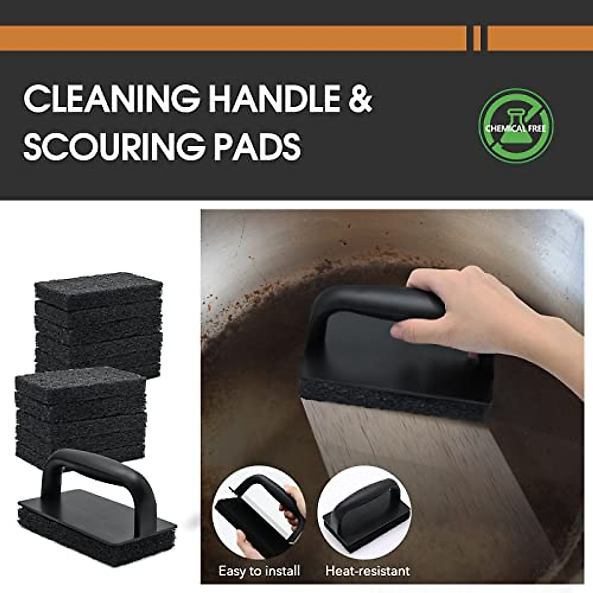 AWEASROY 19PCS Griddle Cleaning Kit for Blackstone, Heavy Duty Flat Top Grill Cleaning Kit, Remove Stain Easily 2 Grill Scrapers, 1 Cleaning Handle, 12 Scouring Pads, 4 Cleaning Bricks