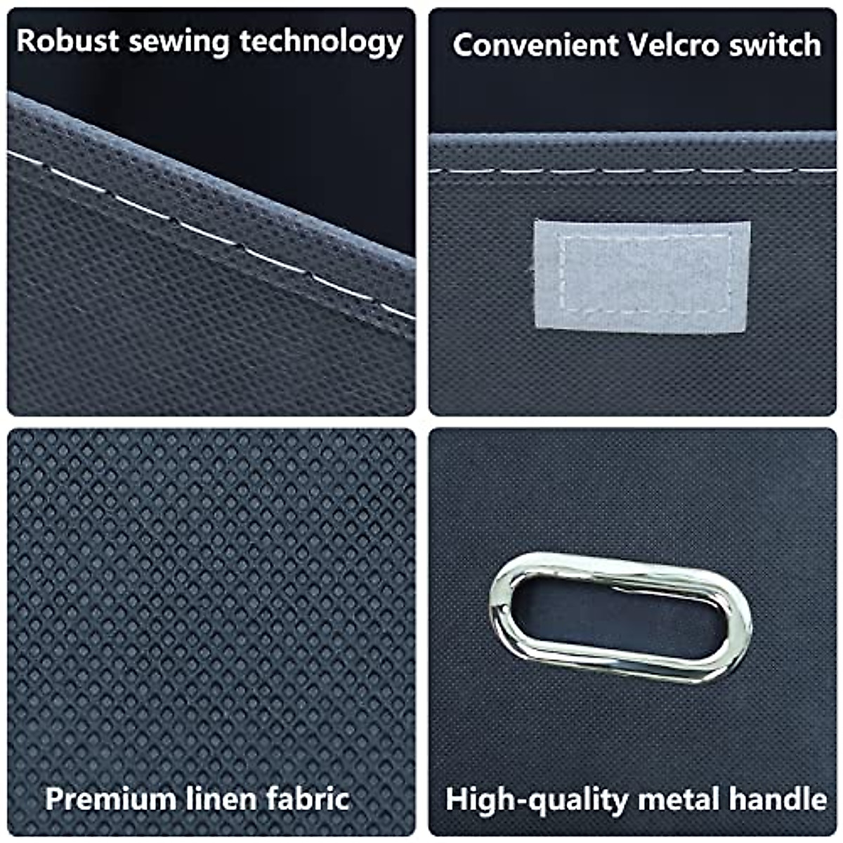 SEVENDOME Linen Fabric Foldable Collapsible Storage Cube Bin Organizer Basket with Lid, Leather Handles, Removable Divider for Home, Closet (Grey, 3Pcs)