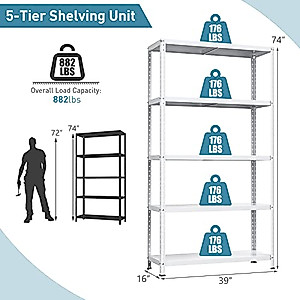 Giantex 4 Pcs 5-Tier Storage Shelves, 39 x 16 x 74 Inch Height Adjustable Steel Garage Storage Rack with Foot Pads, Heavy Duty Garage Shelving for Warehouse, Basement, Kitchen, White