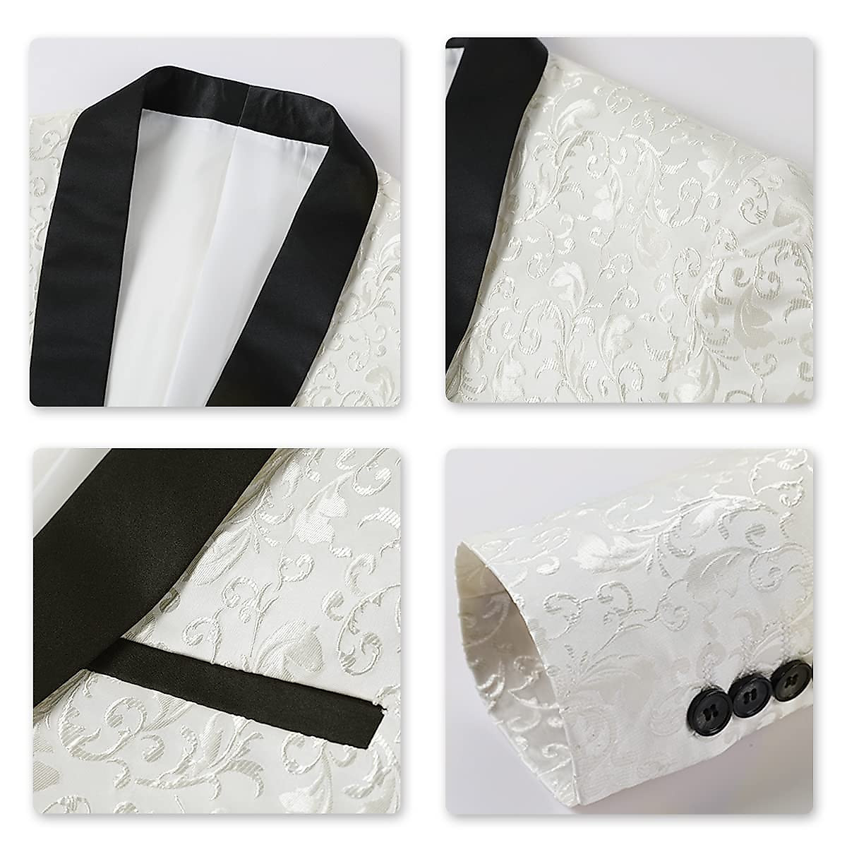 Mens Floral Jacquard Dress Suit Jacket 1 Button Print Tux Blazer Sport Coat (White, Large/40R)