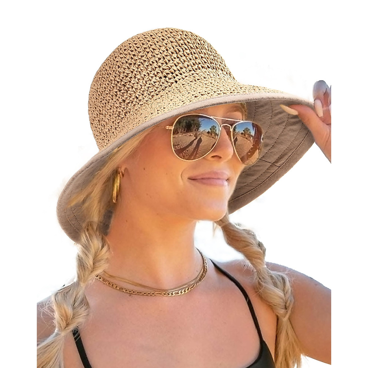 FURTALK Sun Hats for Women Summer Beach Hat Wide Brim Handmade Straw Hat Foldable Packable UPF 50 Crochet Travel Bucket Hat Khaki