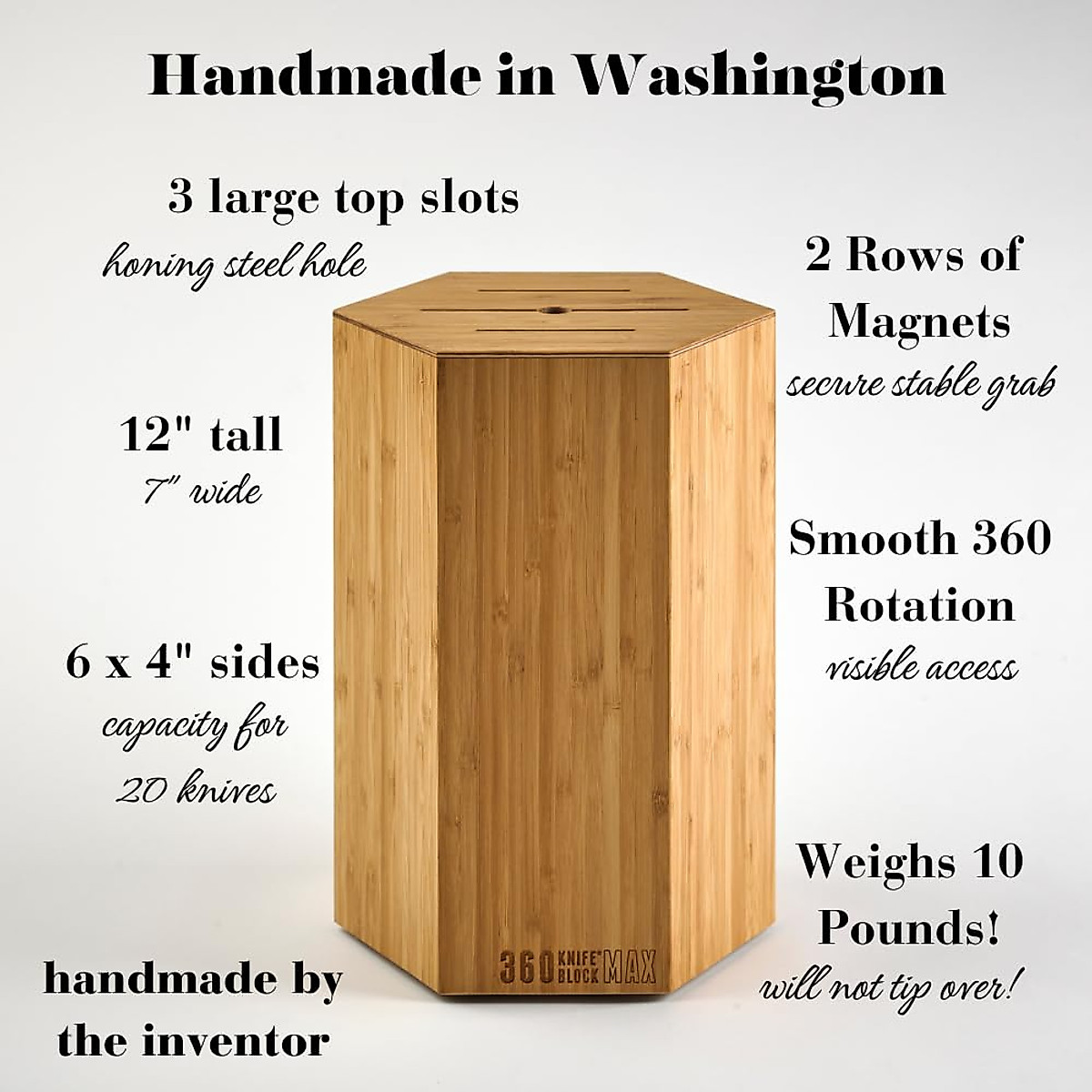 360KB MAX ™ - magnetic rotating knife block - w/top slots, capaciy for 20+ knives - largest in the 360 Knife Block ® family. (Honey Bamboo)