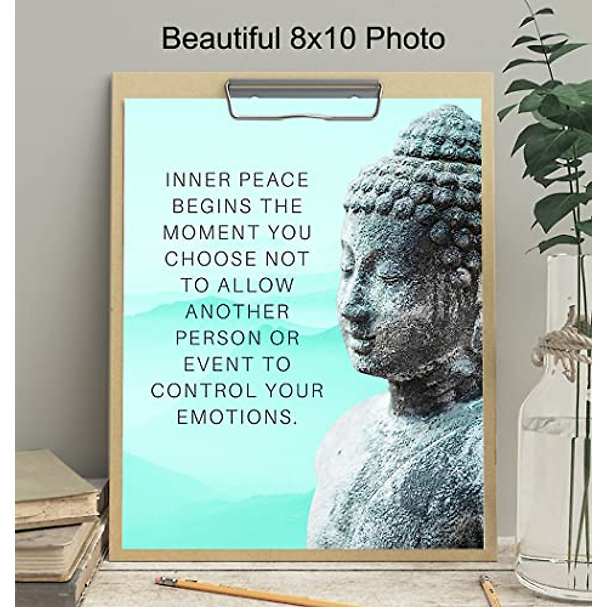 Buddhism Buddha Statue Art Print - Inspirational Motivational Zen Quote Wall Decor for Bathroom, Home, Apartment, Spa, Yoga or Meditation Room - Unique Gift for New Age Fan Women - 8x10 Blue Picture
