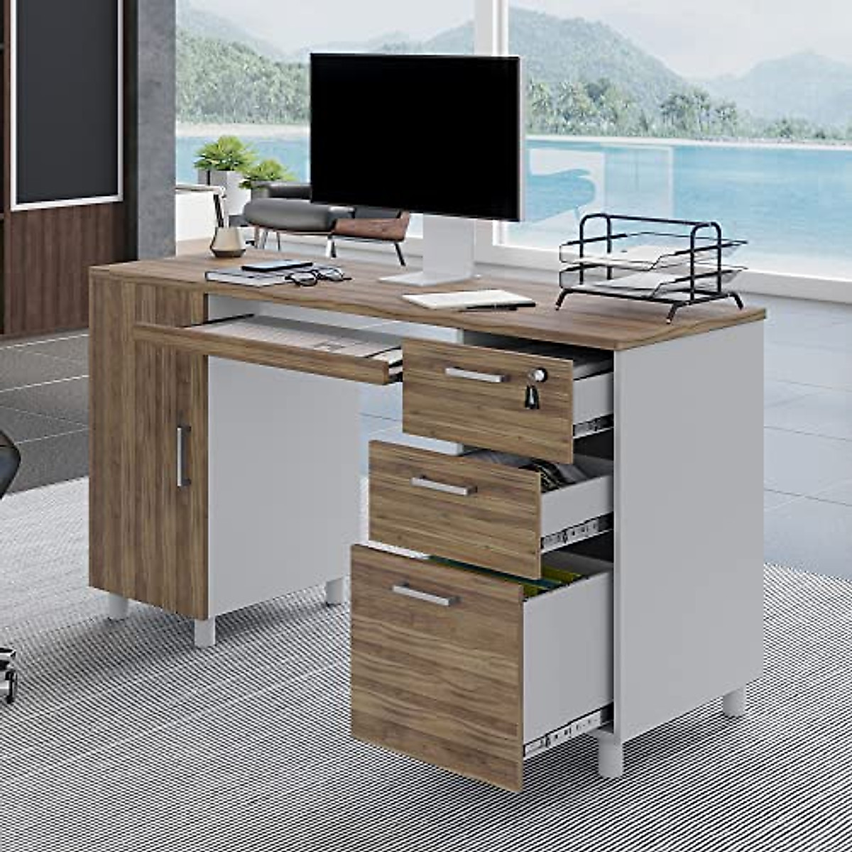 Modern Design By Crafts & comfort Venice Computer Desk - Office Desk with 3 Drawers & CPU Storage Cabinet - Laptop Workstation with Keyboard Tray & Cable Hole - Home & Office Supplies -Cass/White